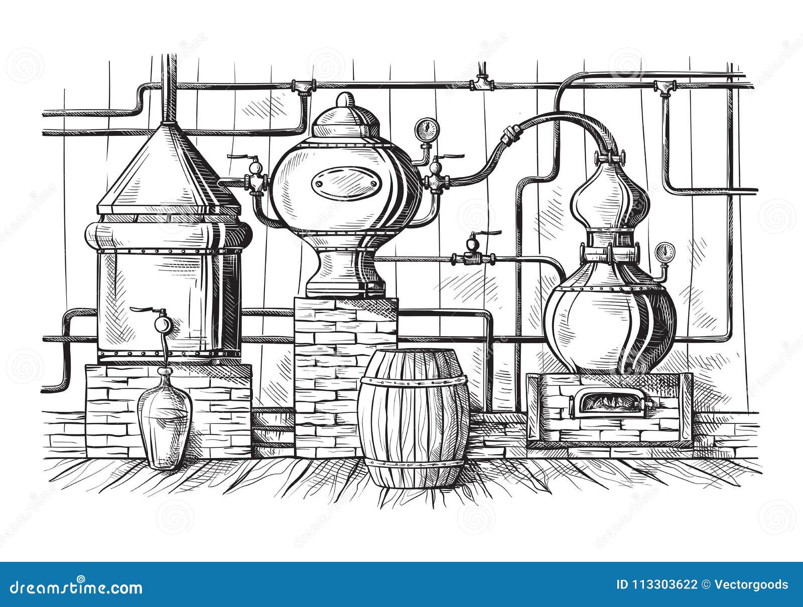 Alembic Still for Making Alcohol Inside Distillery Sketch Stock Vector ...