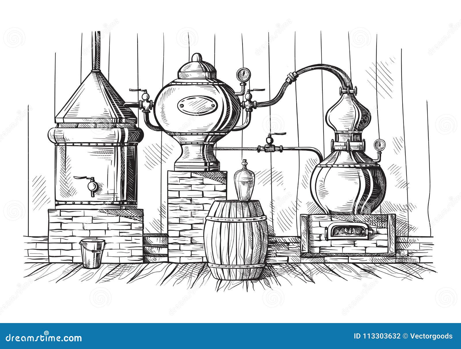Alembic Still for Making Alcohol Inside Distillery Sketch Stock Vector ...