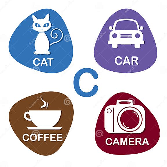 Alfabeto Bonito No Vetor Letra De C Para O Gato O Carro O Café E A Câmera Ilustração Do Vetor