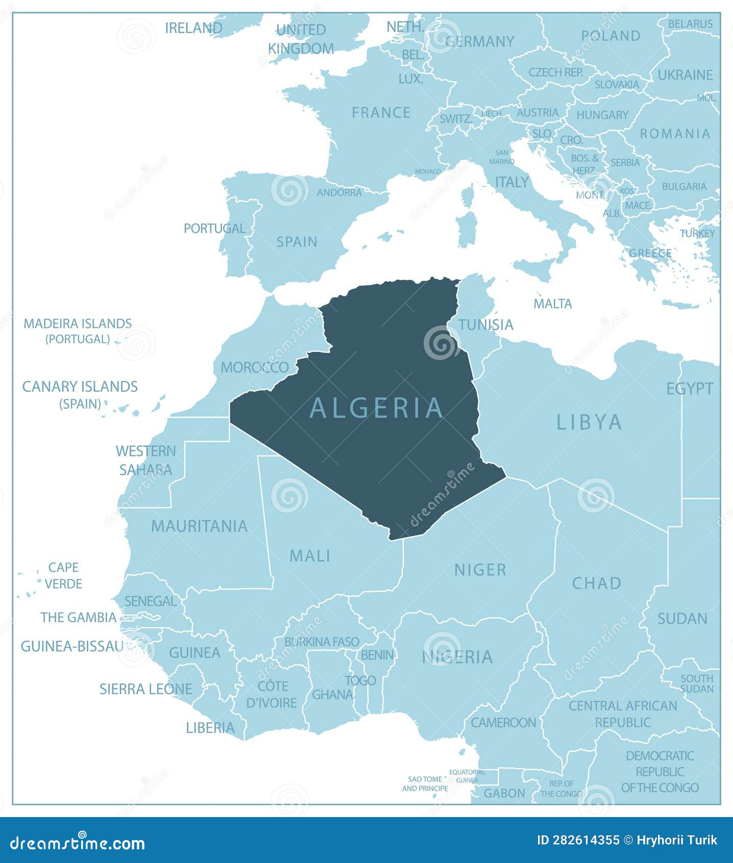 Algeria - Blue Map with Neighboring Countries and Names Stock ...