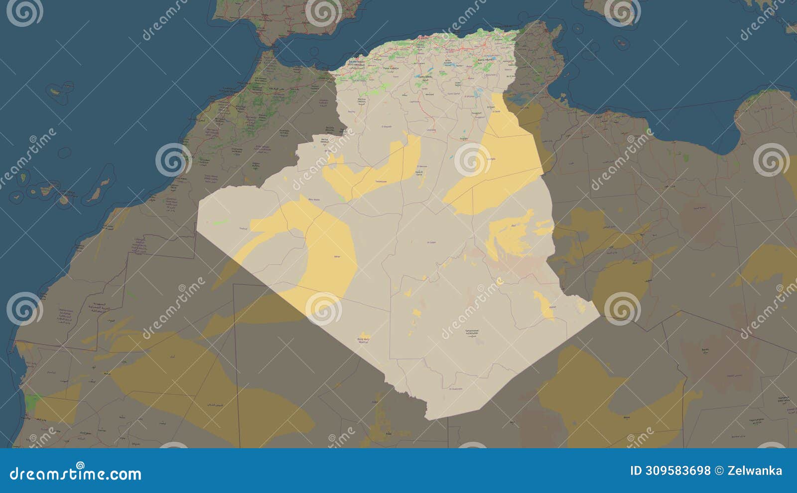 Algeria Highlighted. Topo Standard Stock Illustration - Illustration of elevation, distance ...