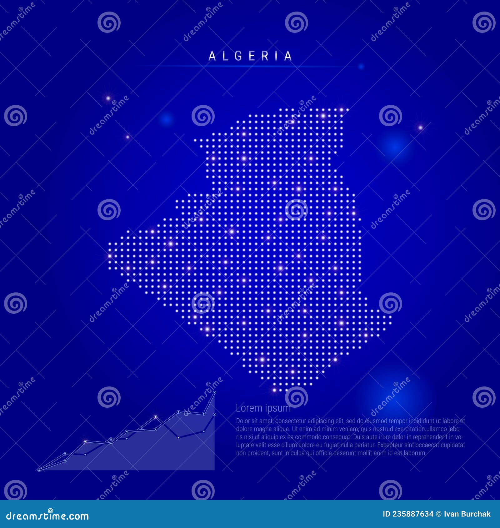 Algeria Illuminated Map with Glowing Dots. Dark Blue Space Background ...
