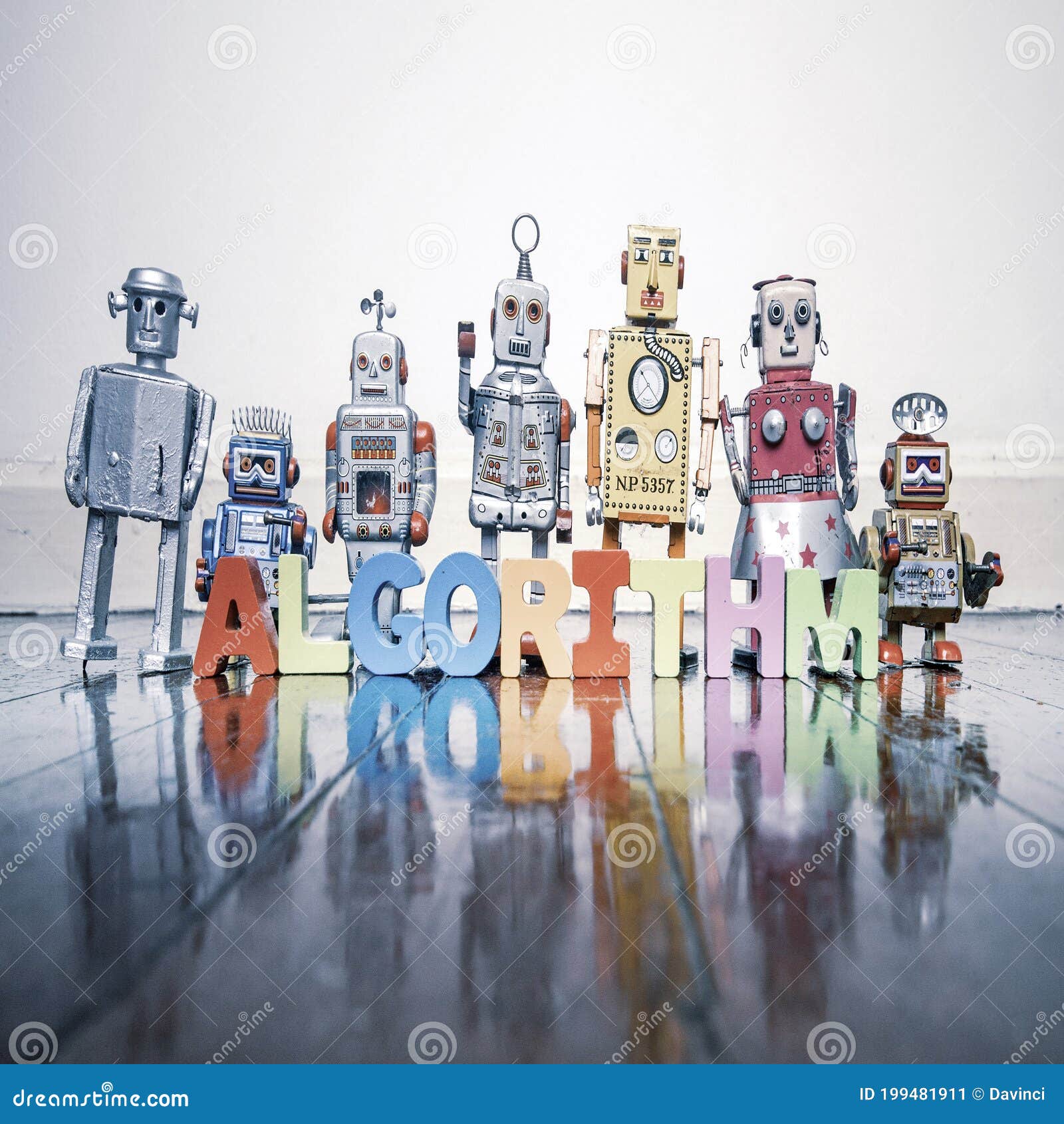 ALGORITHM Wooden Letters and Retro Robot Toys Stock Image - Image of ...