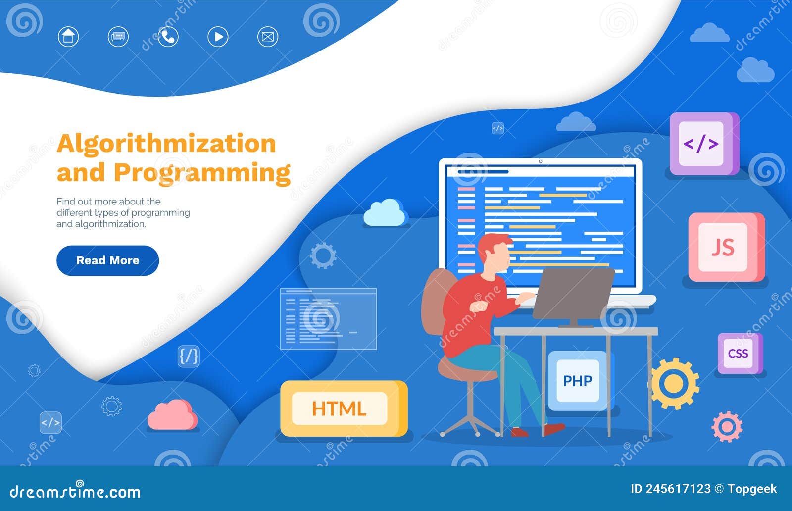 Algorithmization And Programming Landing Page Template Coding Programmer At Work With Computer