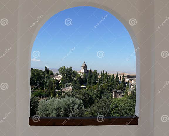 Alhambra through Arch Window. Islamic Architecture Stock Image - Image ...