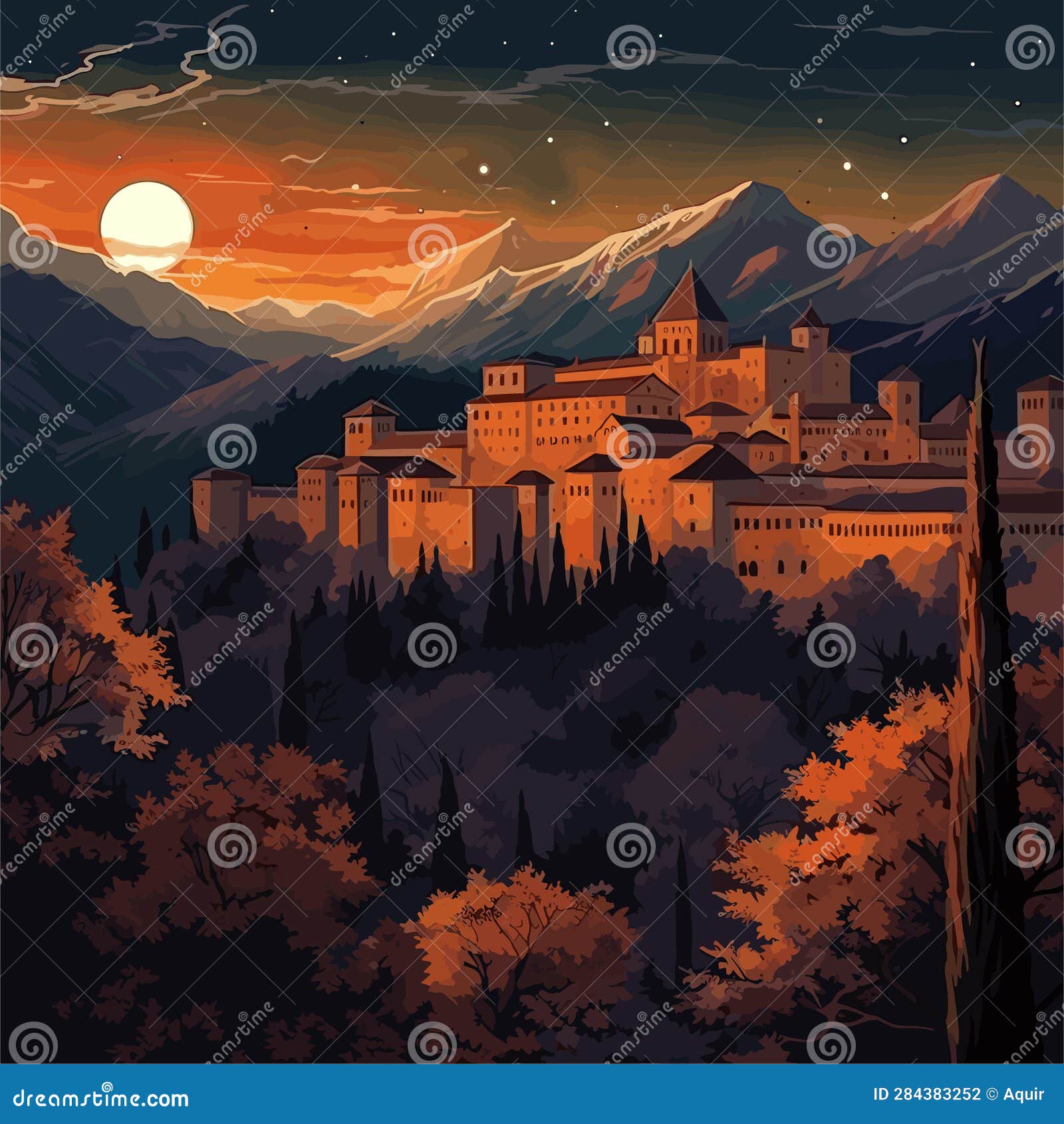 Alhambra Hand-drawn Comic Illustration. Alhambra. Vector Doodle Style ...