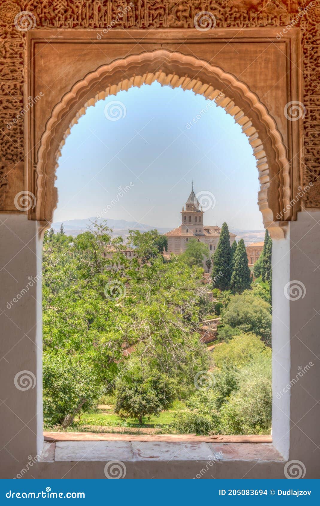 Alhambra Viewed through Window at Generalife Arcade in Granada, Spain ...