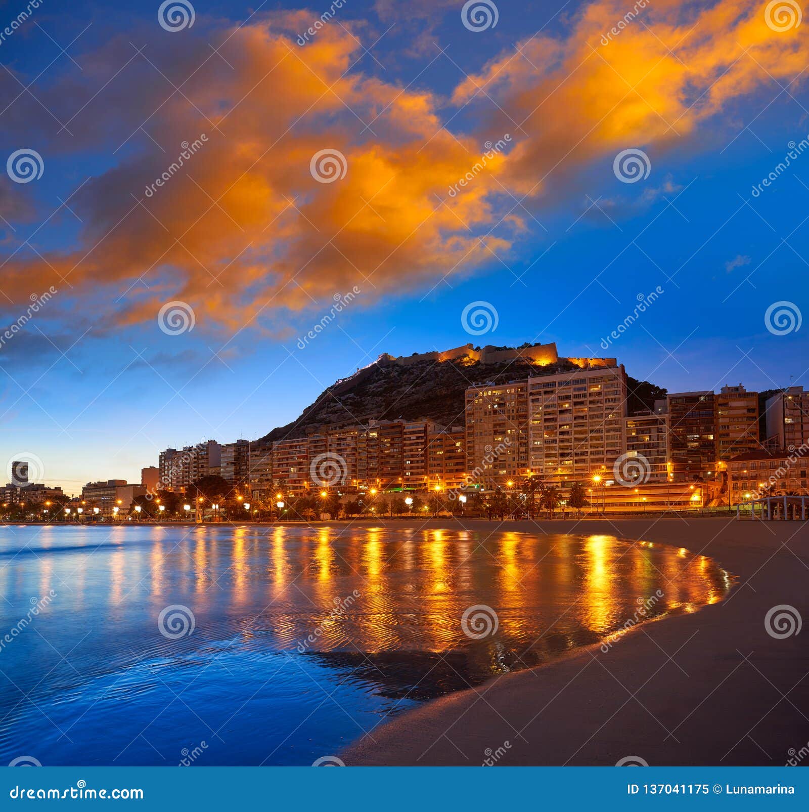 Alicante Skyline at Sunset from Postiguet Stock Image - Image of playa ...