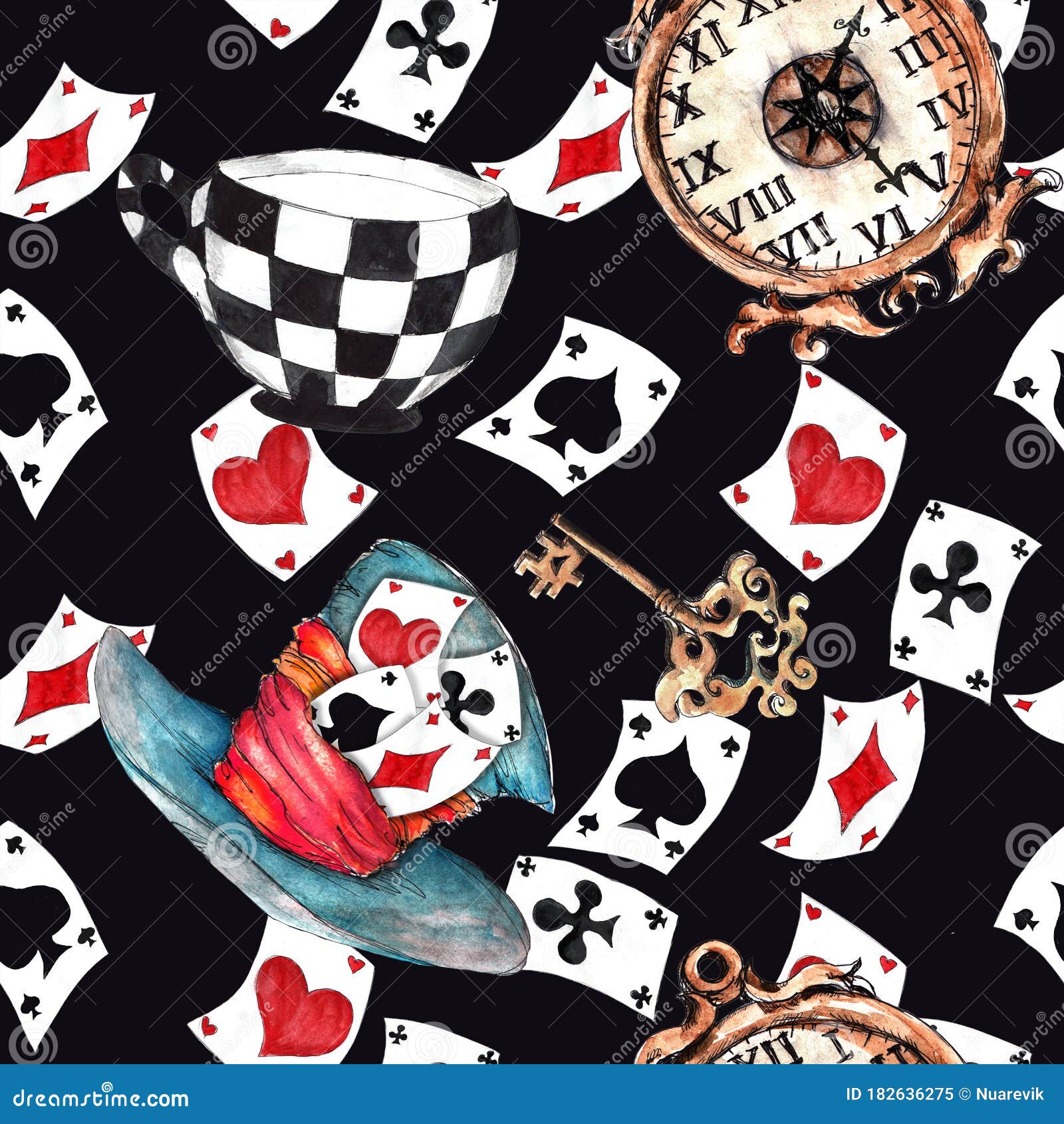 Alice in Wonderland Cute Watercolor Objects Set Seamless Pattern Stock ...