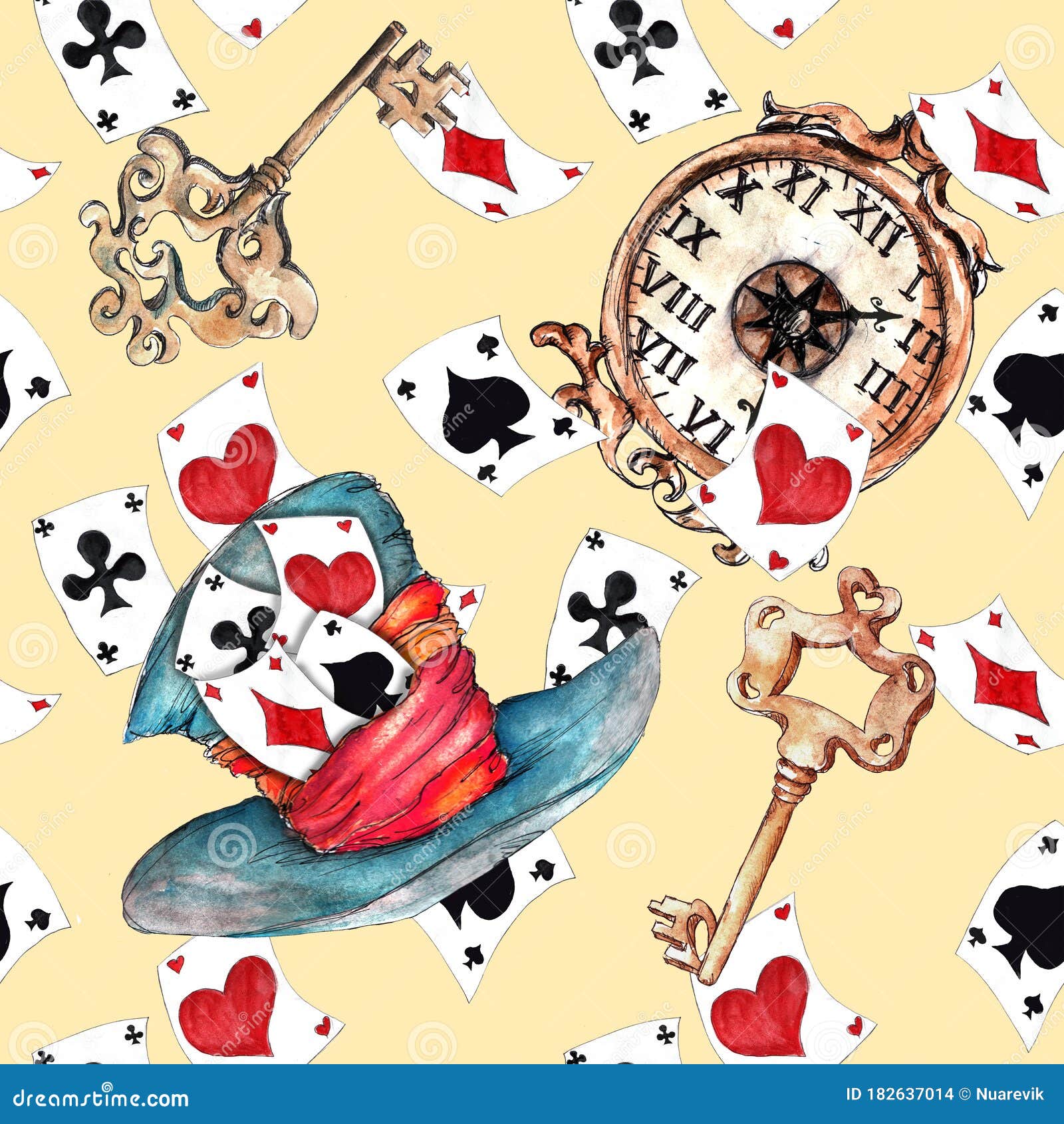Alice in Wonderland Cute Watercolor Objects Set Seamless Pattern Stock ...