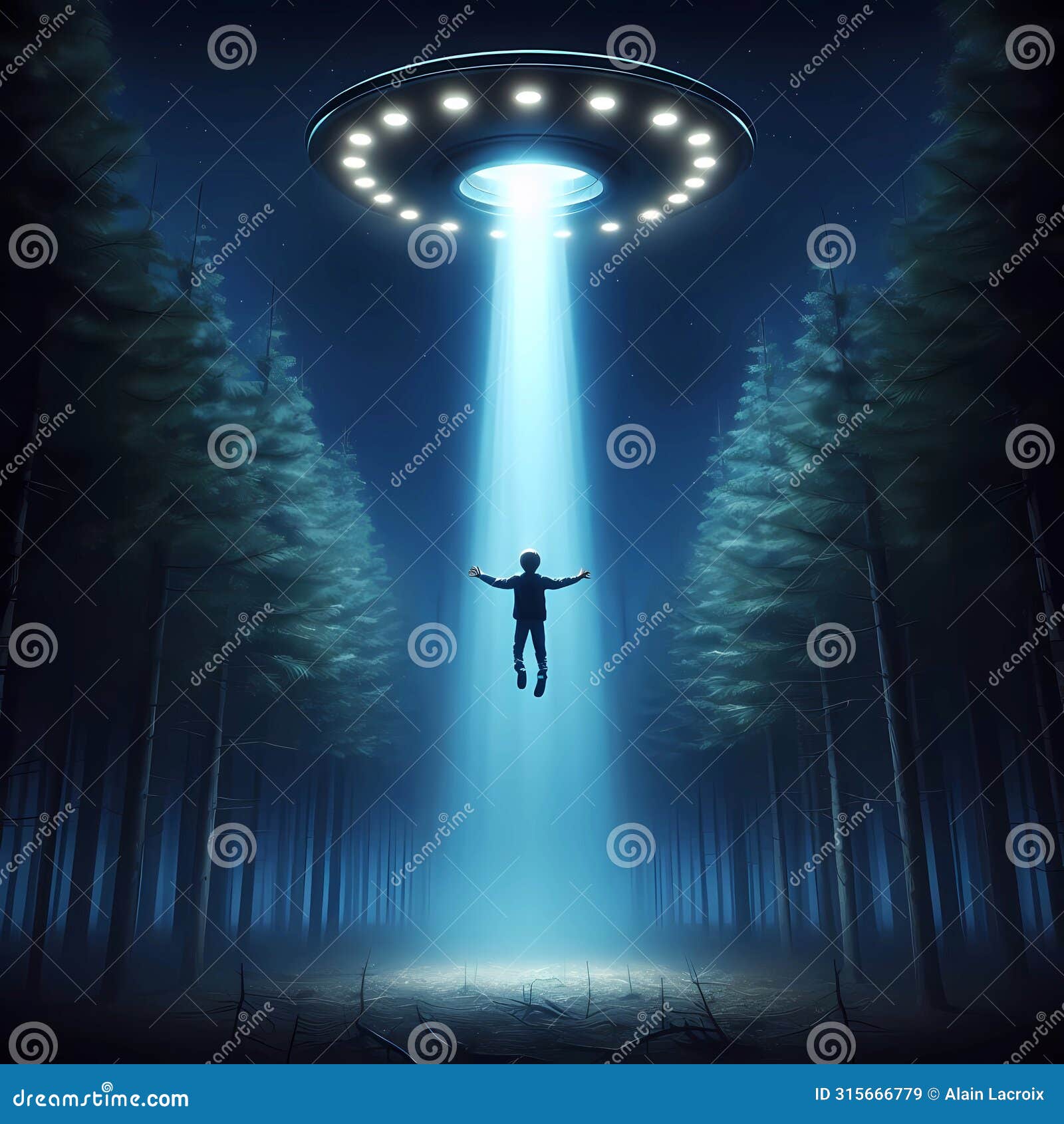 Alien Abduction Nighttime Forest Stock Illustration - Illustration of ...