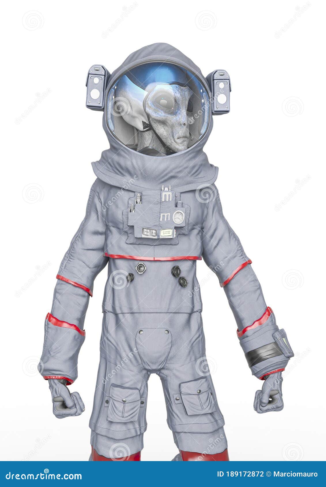 Alien Astronaut In Space Suit. Invander Moster In Helmet. Vintage Sci ...
