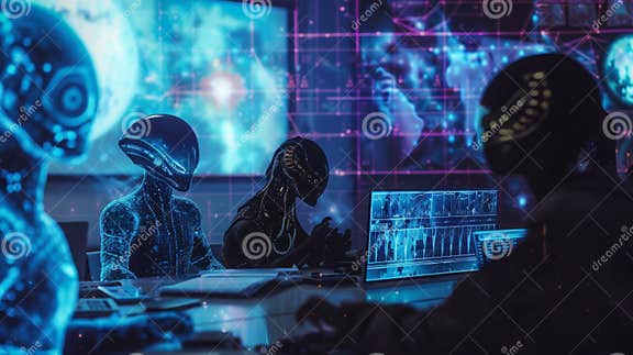 Alien Beings Analyzing Data on Computers in Futuristic Space Command ...
