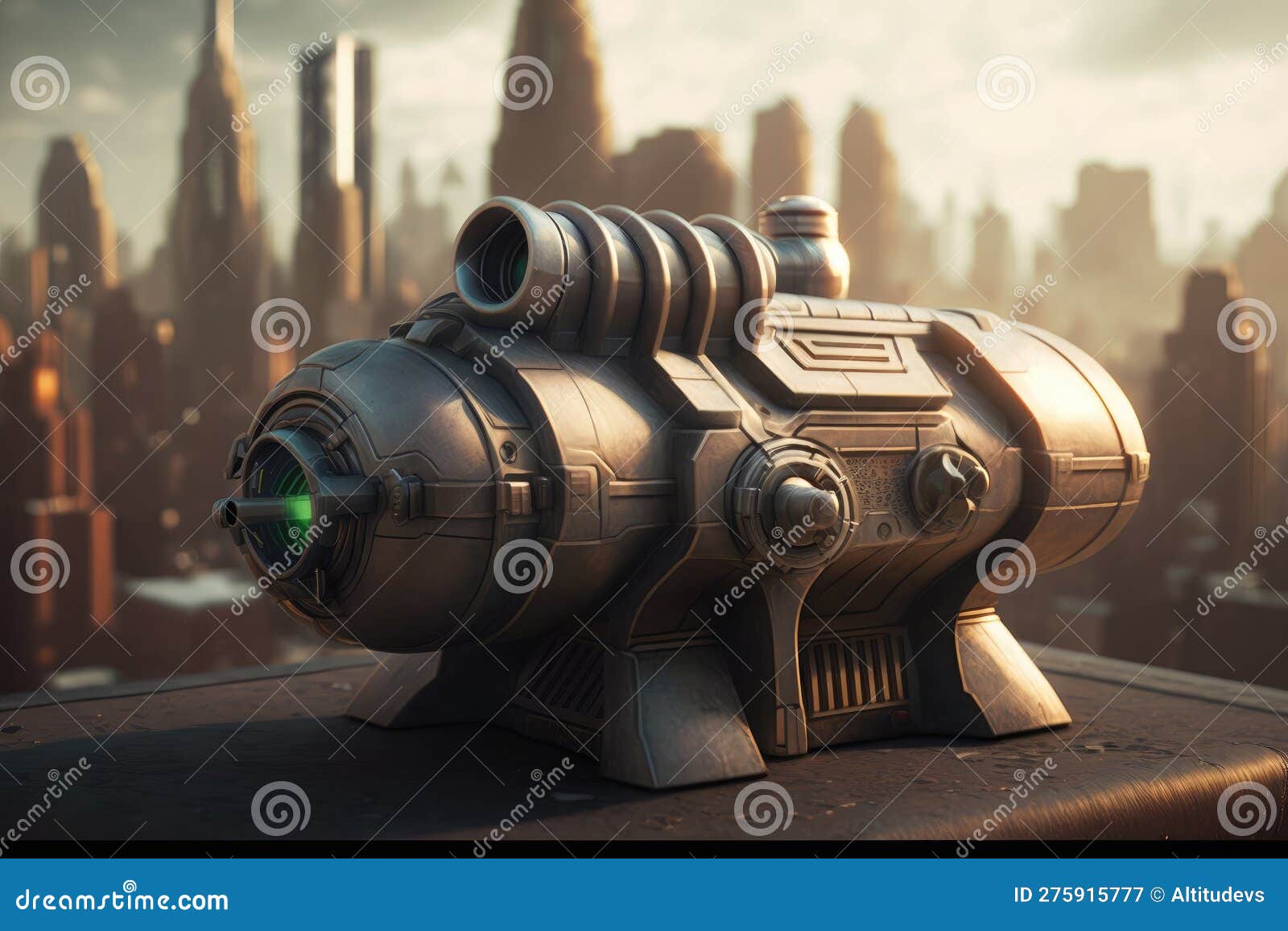 Alien Blaster on Rooftop, with View of Cityscape Below Stock ...