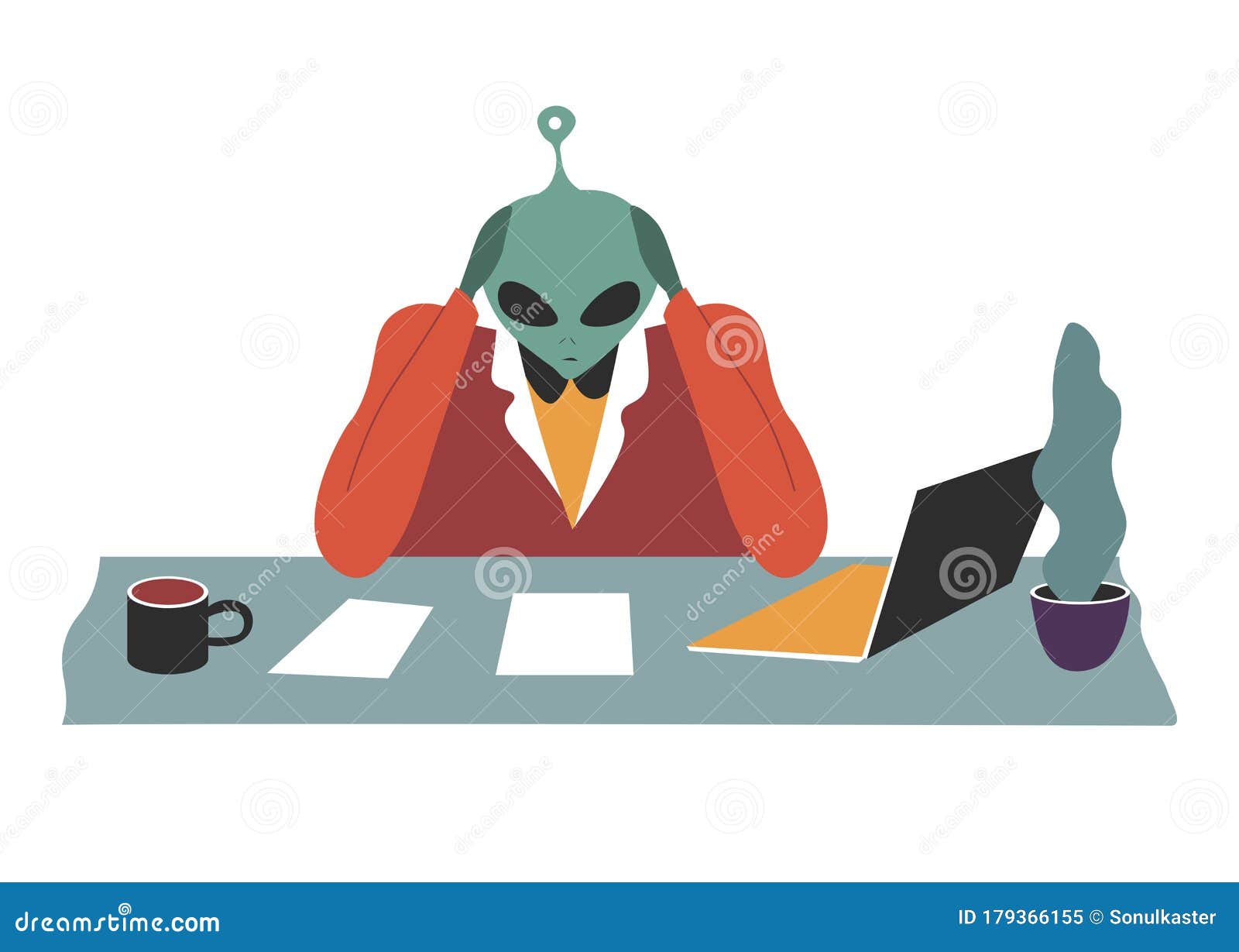 Alien Brainstorming on Business Task, Workplace of Space Invader Stock ...