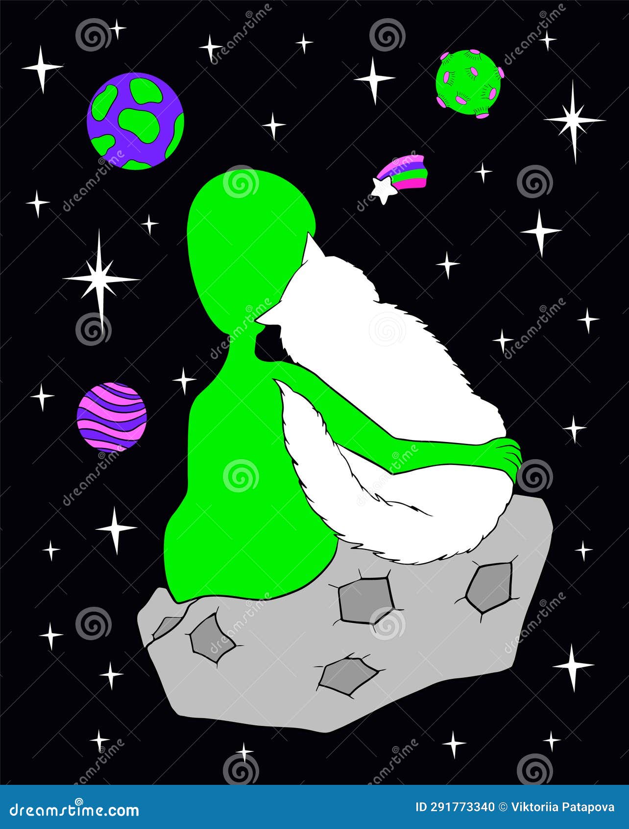 Alien and Cat are Best Friends in Outer Space on an Asteroid. Stock ...