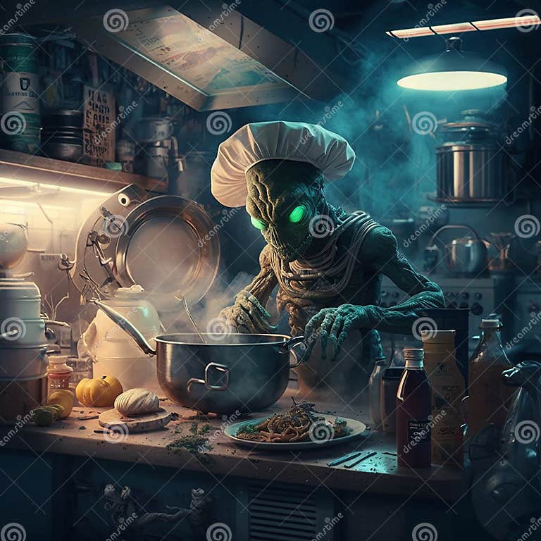 Alien Chef Cooking in Kitchen. Ai Generated. Stock Illustration ...