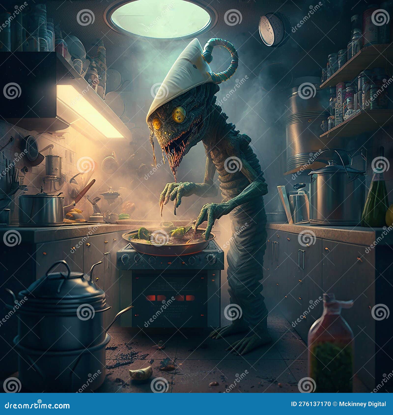 Alien Chef Cooking in Kitchen. Ai Generated. Stock Illustration ...