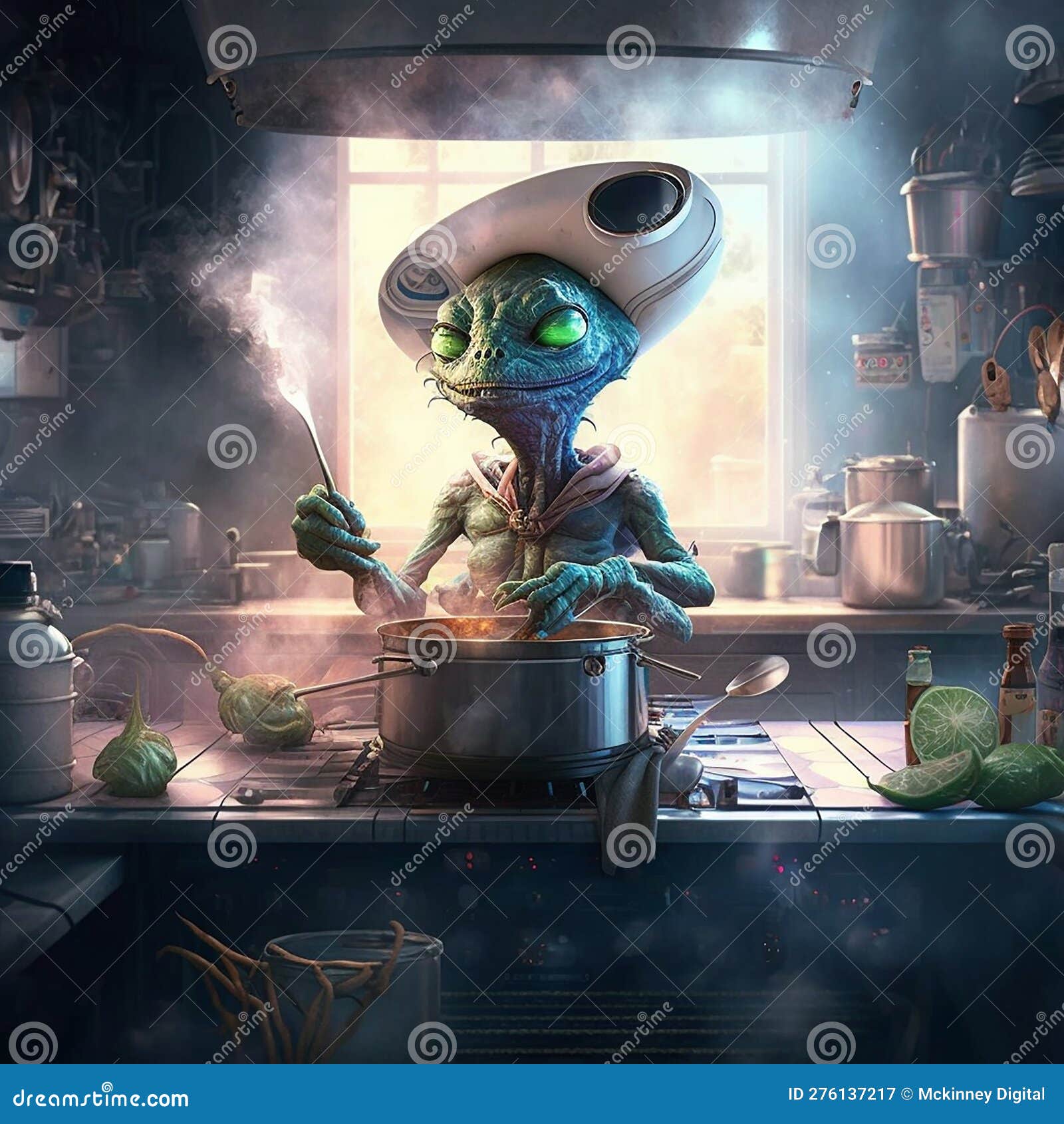 Alien Chef Cooking in Kitchen. Ai Generated. Stock Illustration ...