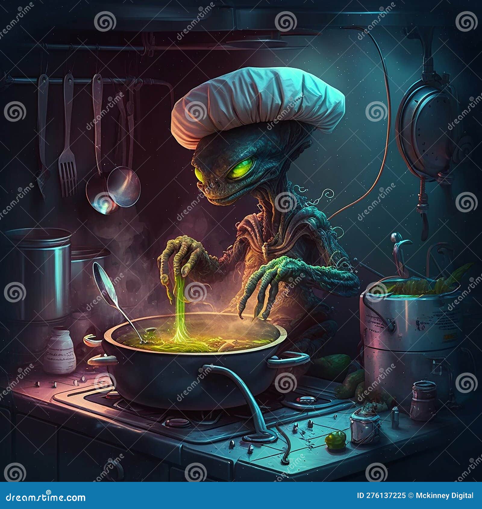 Alien Chef Cooking in Kitchen. Ai Generated. Stock Illustration ...