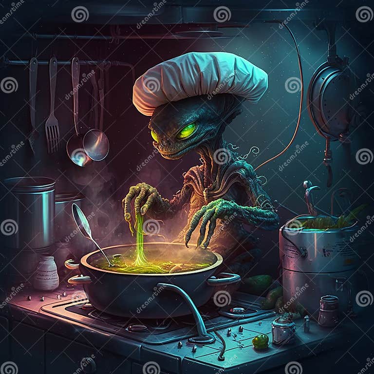Alien Chef Cooking in Kitchen. Ai Generated. Stock Illustration ...