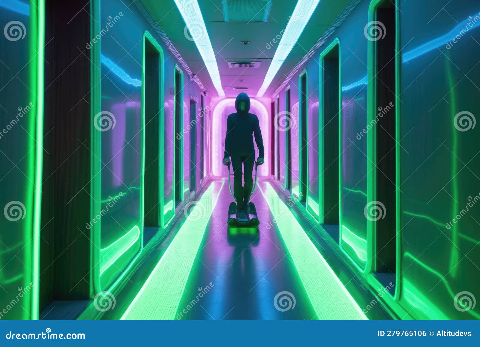 Alien Commuter Riding Hoverboard Down Neon-lit Hallway Stock ...