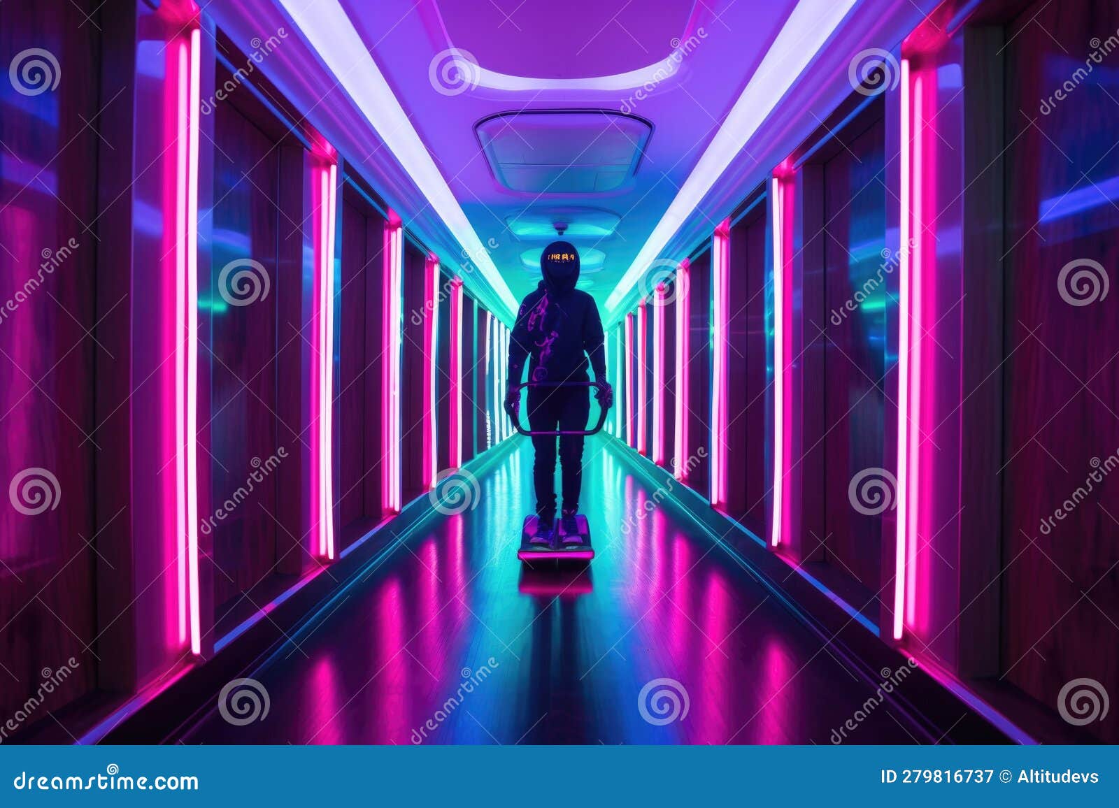 Alien Commuter Riding Hoverboard Down Neon-lit Hallway Stock ...