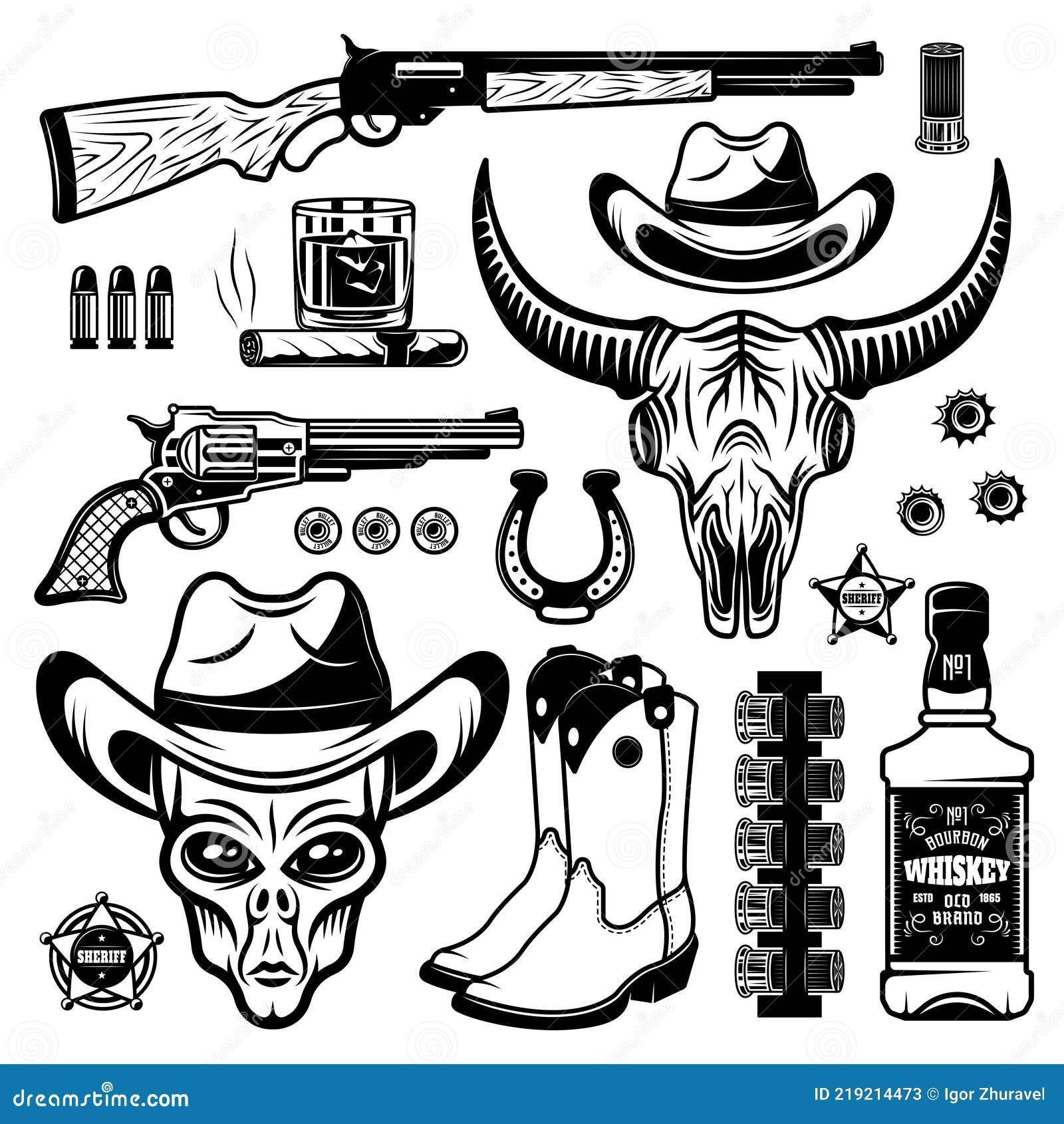 Alien Cowboy and Different Western Elements Set of Vector Objects in ...