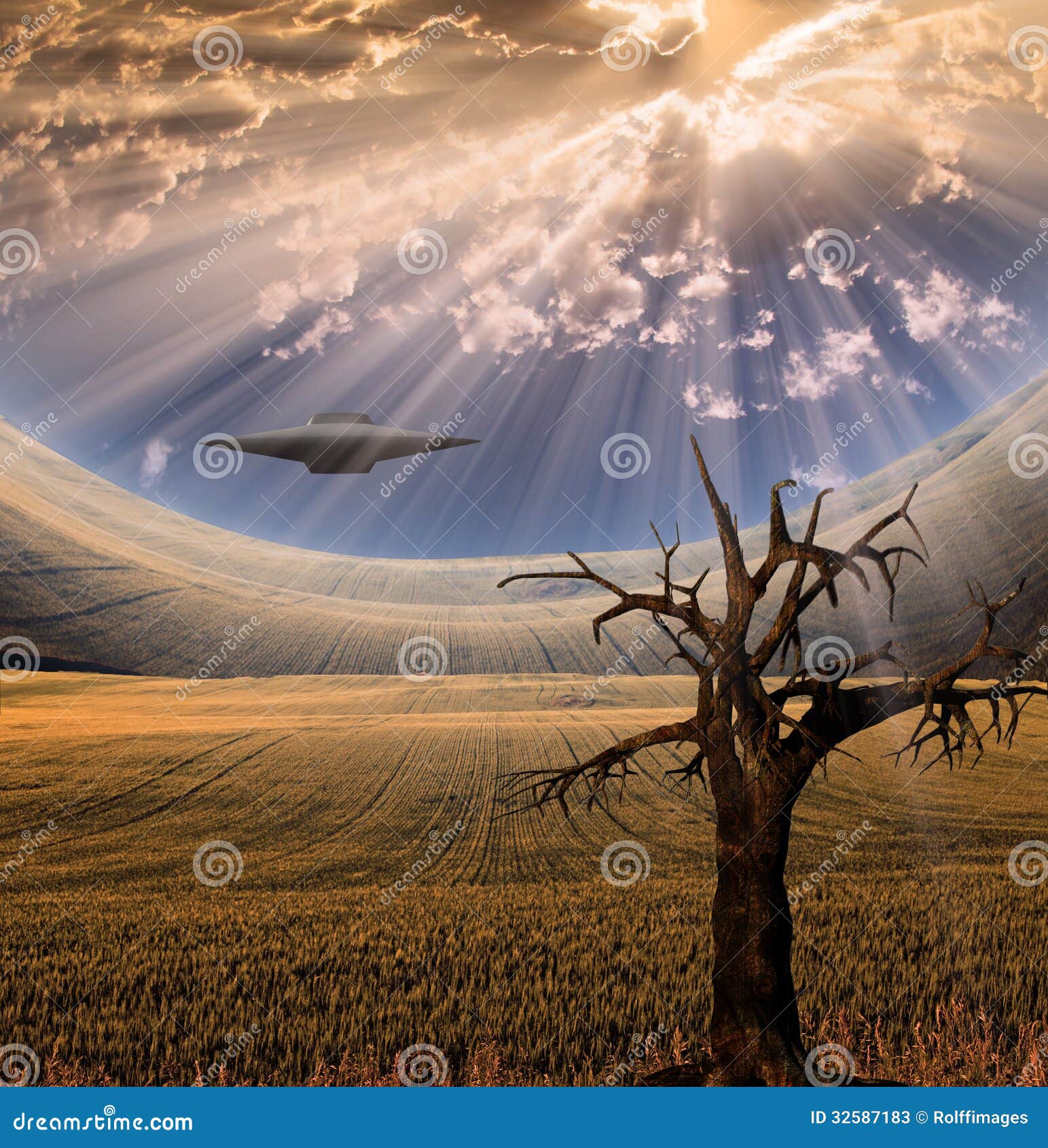 Alien craft in landscape stock illustration. Illustration of fiction ...
