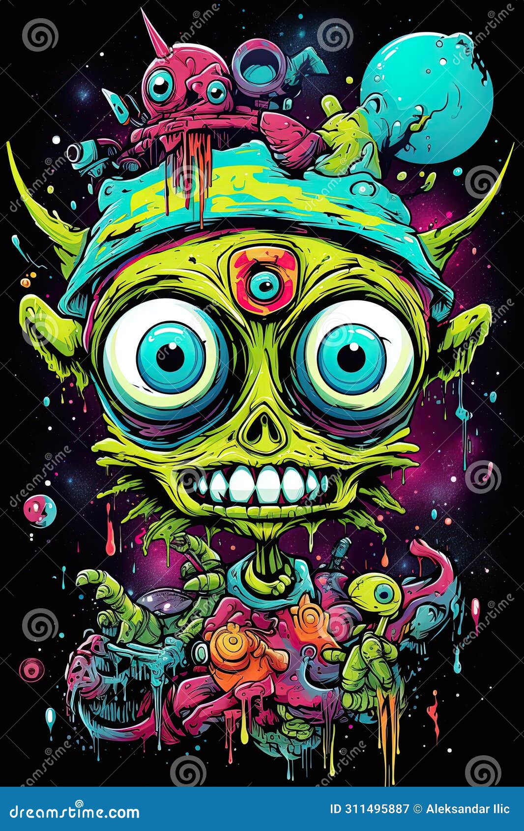 Alien Creature in Outer Space. Doodle Drawing in Style of Pop Art Stock ...