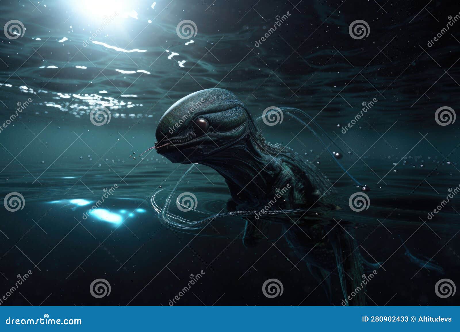 Alien Creature Swimming in Watery Environment, with View of Distant ...