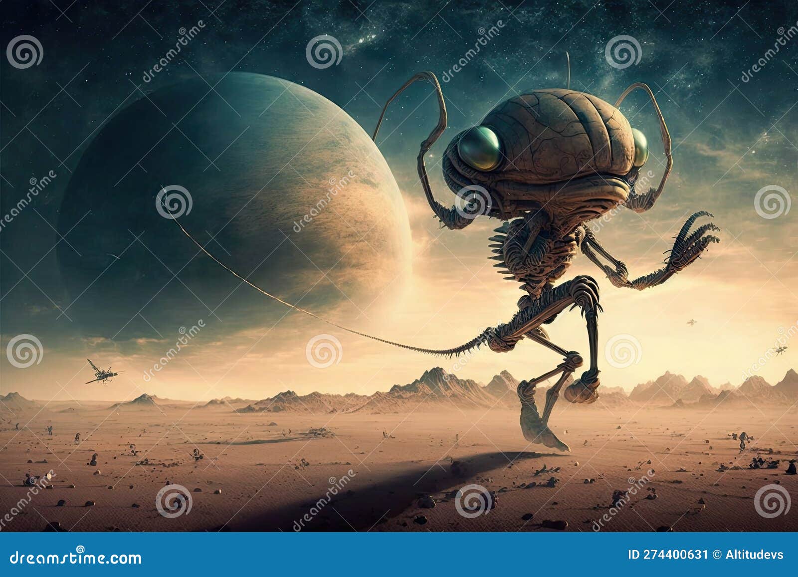 Alien Creature Walking in Air Against Backdrop of Planet Flying Stock ...