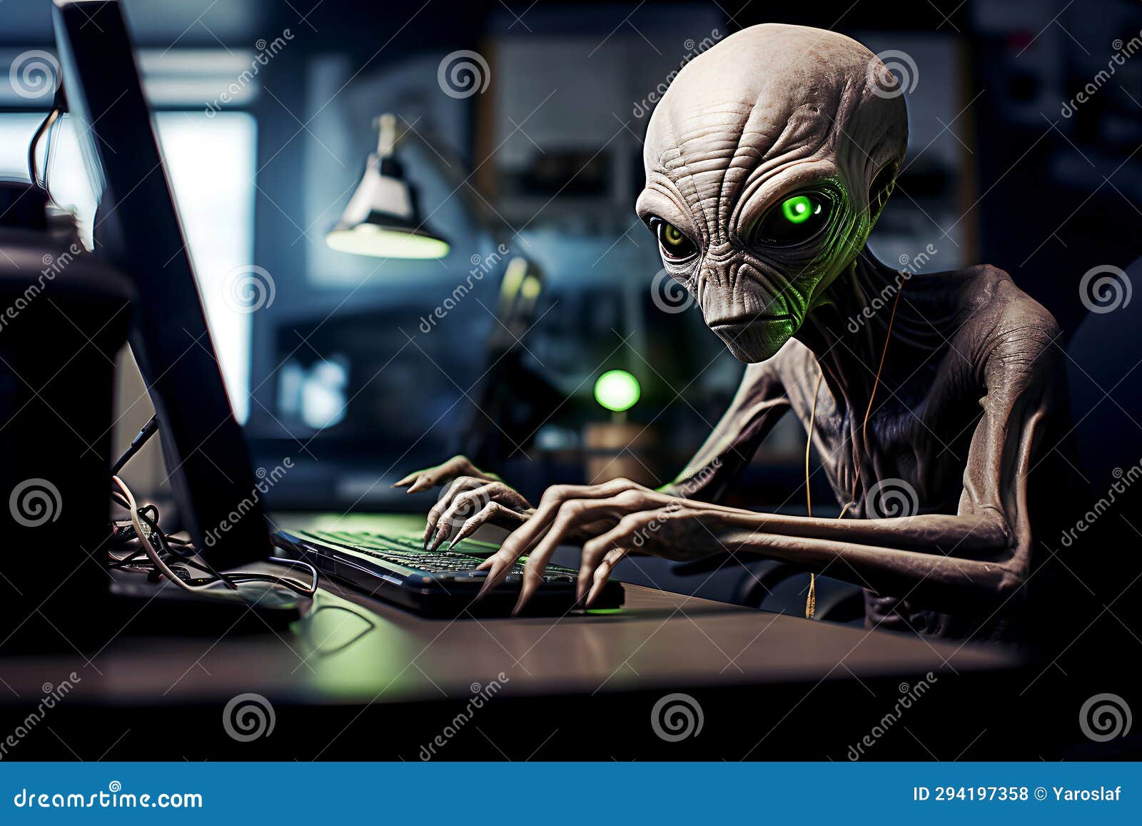 ?lien Creature Working at Computer in Office Typing Text on Keyboard ...