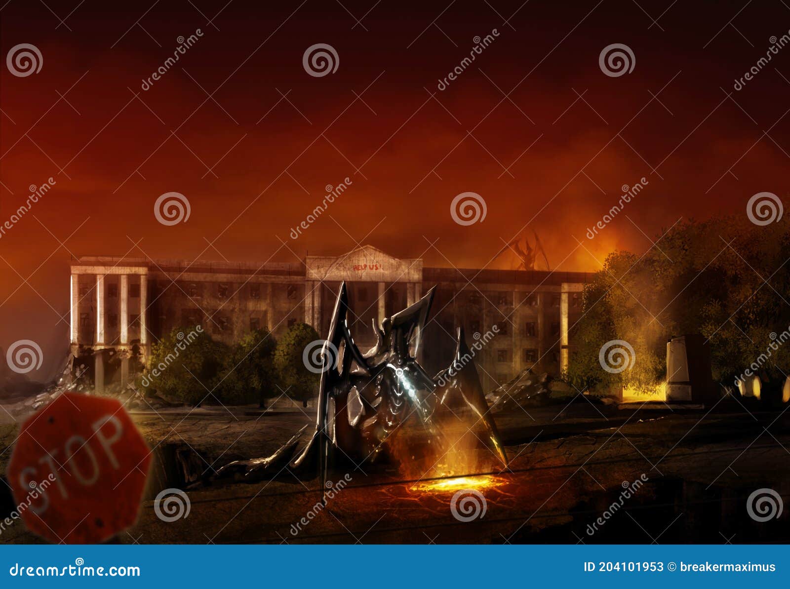 Alien Creatures Invading City Streets Stock Illustration - Illustration ...