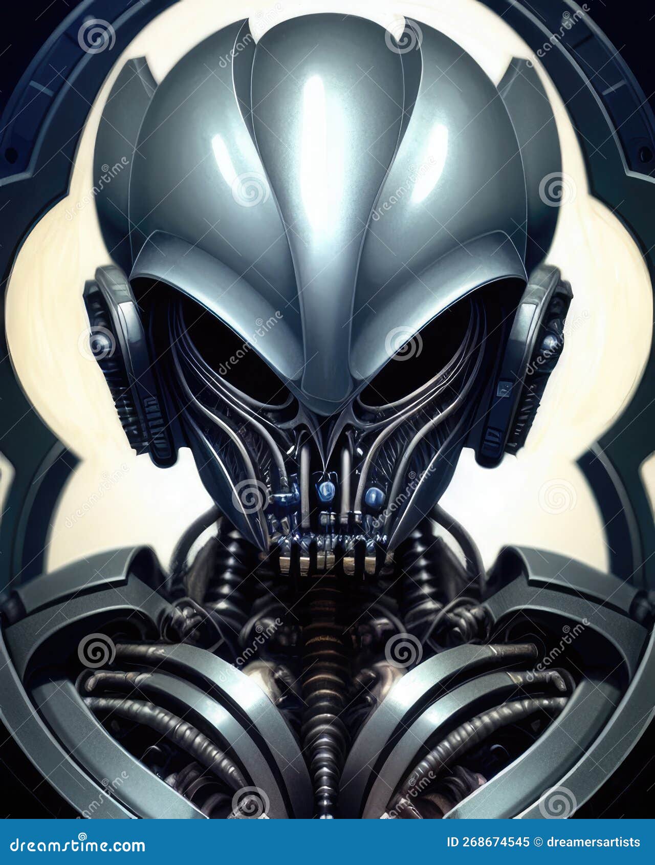 Alien Cyborg In A Dark Sky, In The Background A Planet, A Nebula And ...