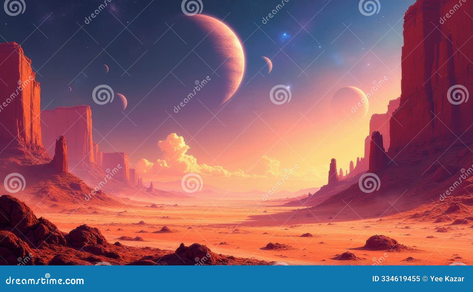 Alien Desert Landscape with Moons Stock Illustration - Illustration of ...