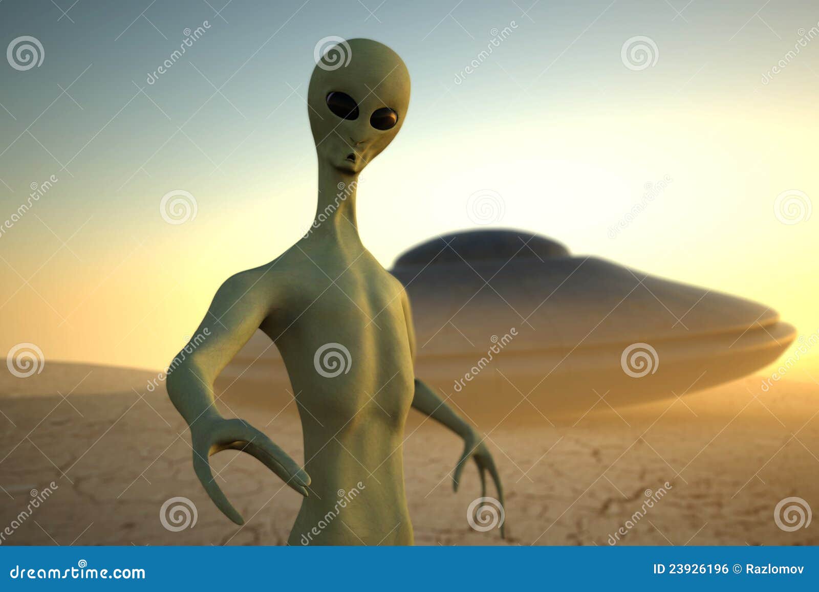 Alien in desert with UFO stock illustration. Illustration of creature ...