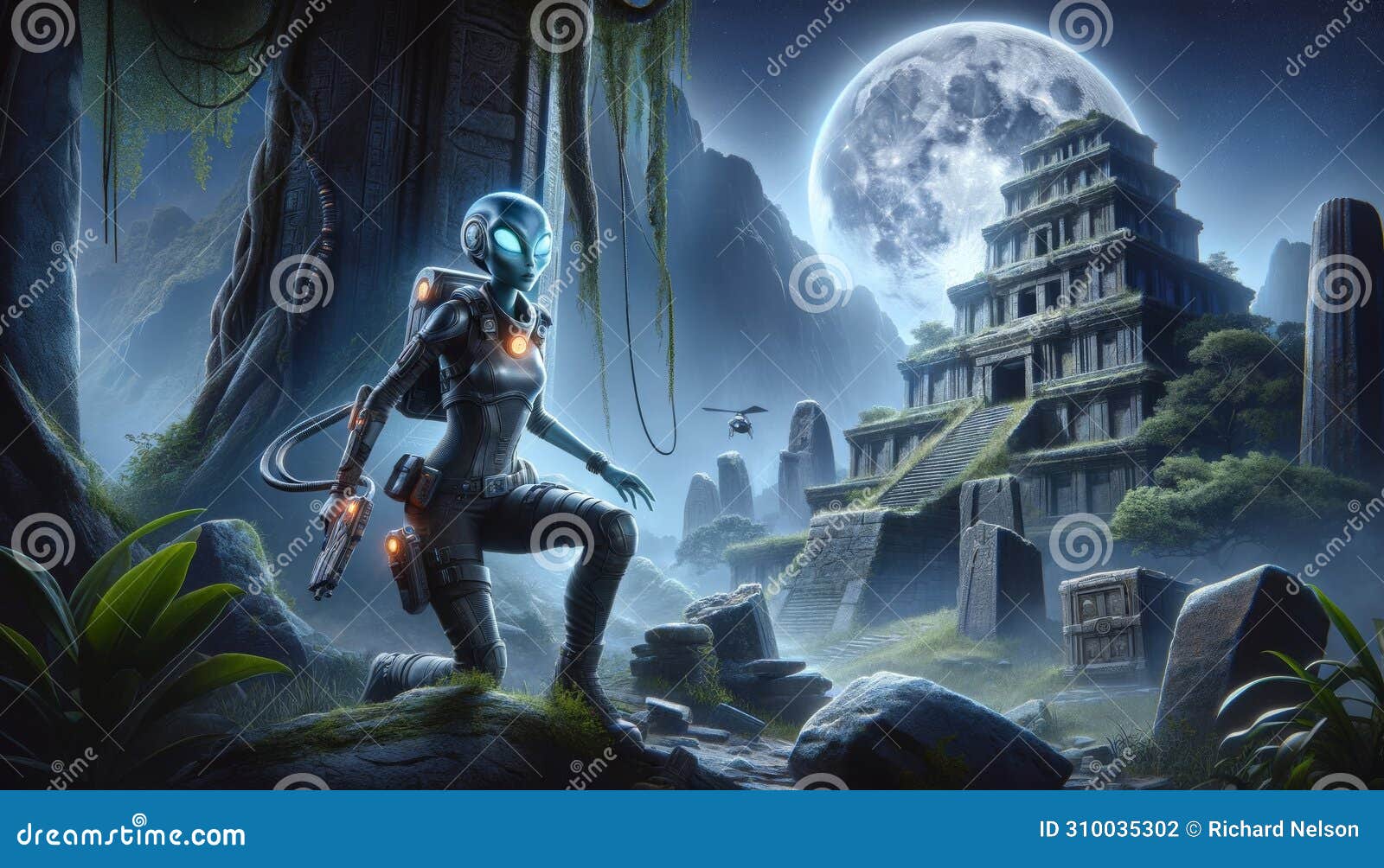 Alien Explorer Discovers Ancient Earth Ruins Under Moonlight Stock ...