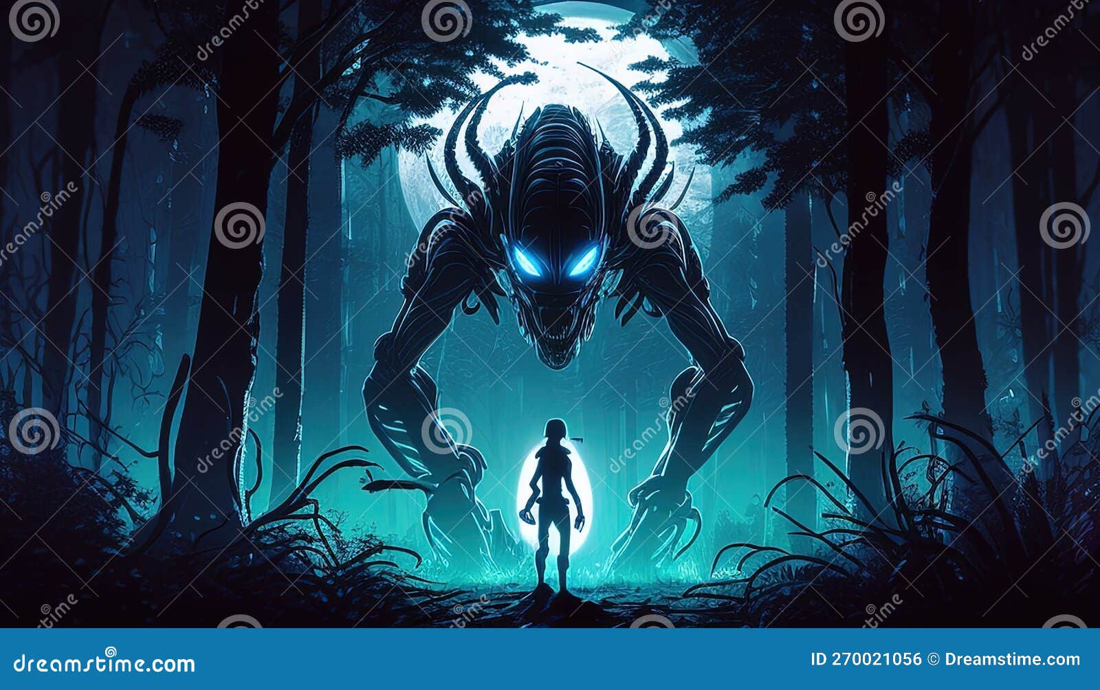 Alien Exploring Mystical Forest Encountering Strange Flora And Fauna Stock Illustration