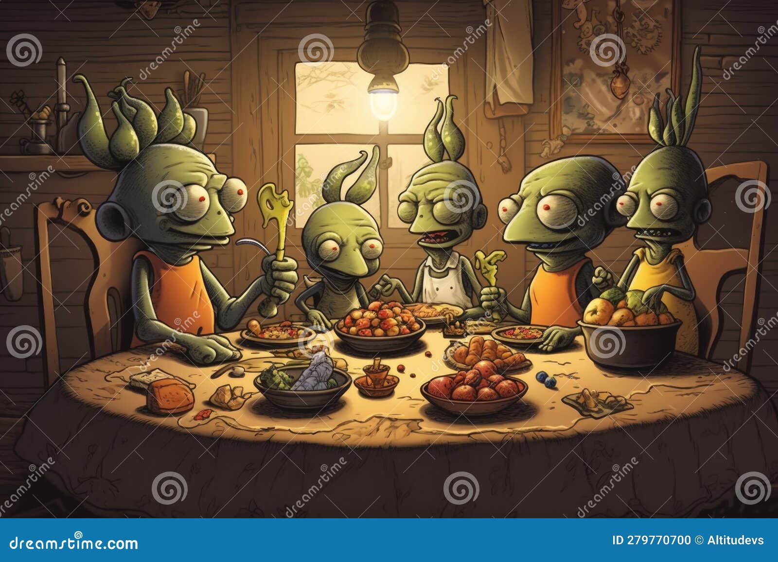 Alien Family of Four, Sitting Down for Quiet Dinner Together Stock ...