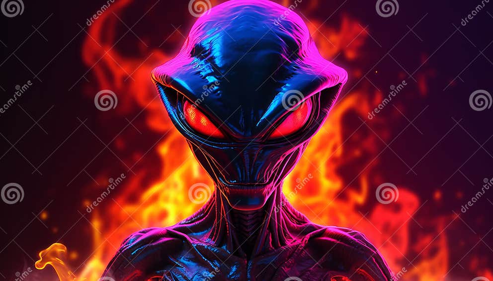 Alien with Fire Neon Light Generative AI Stock Illustration ...