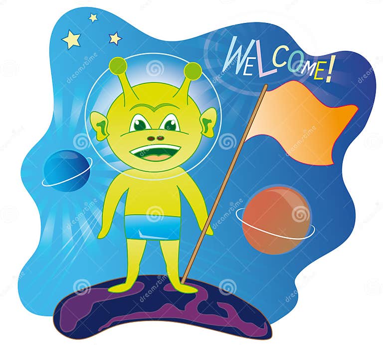 Alien with flag in space stock illustration. Illustration of ...