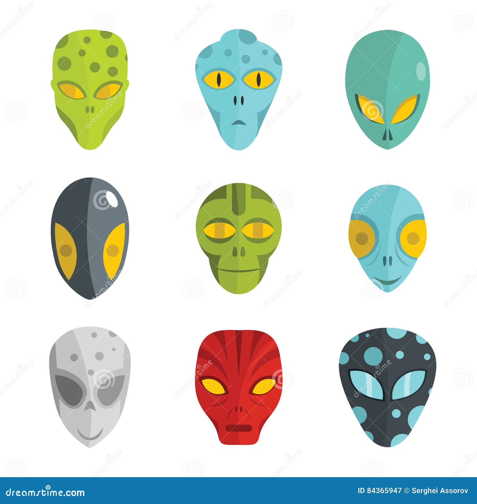 Alien Flat Face Set Isolated on White Background Stock Vector ...