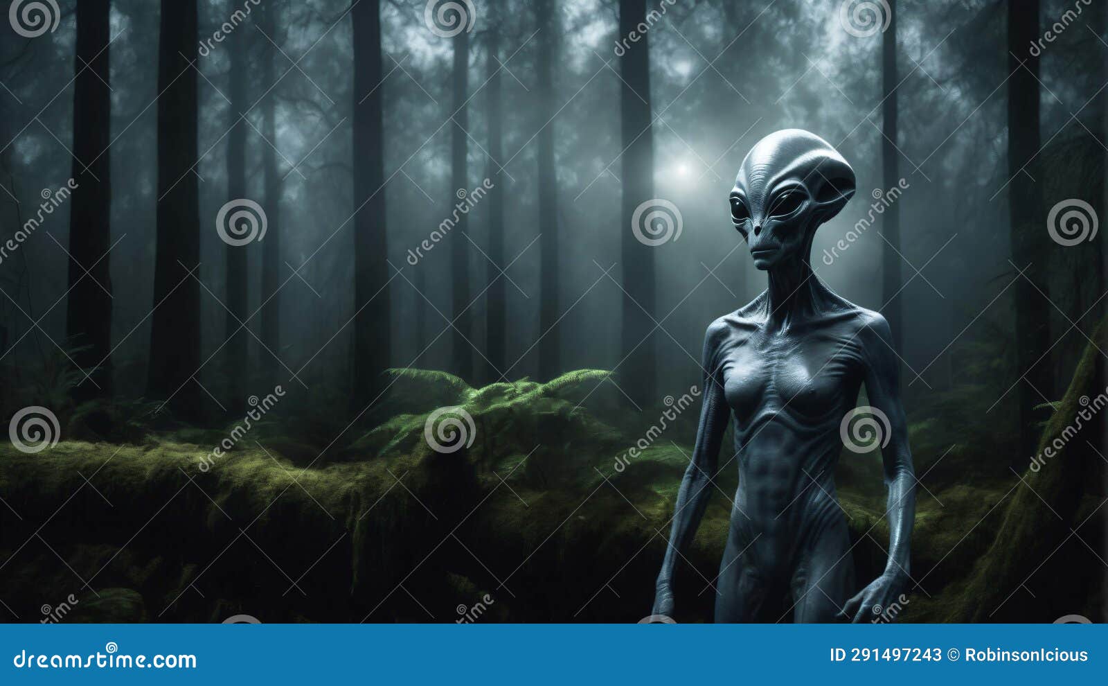 Alien in Forest. Gray Ufo Area 51 Illustration in High Resolution Stock ...