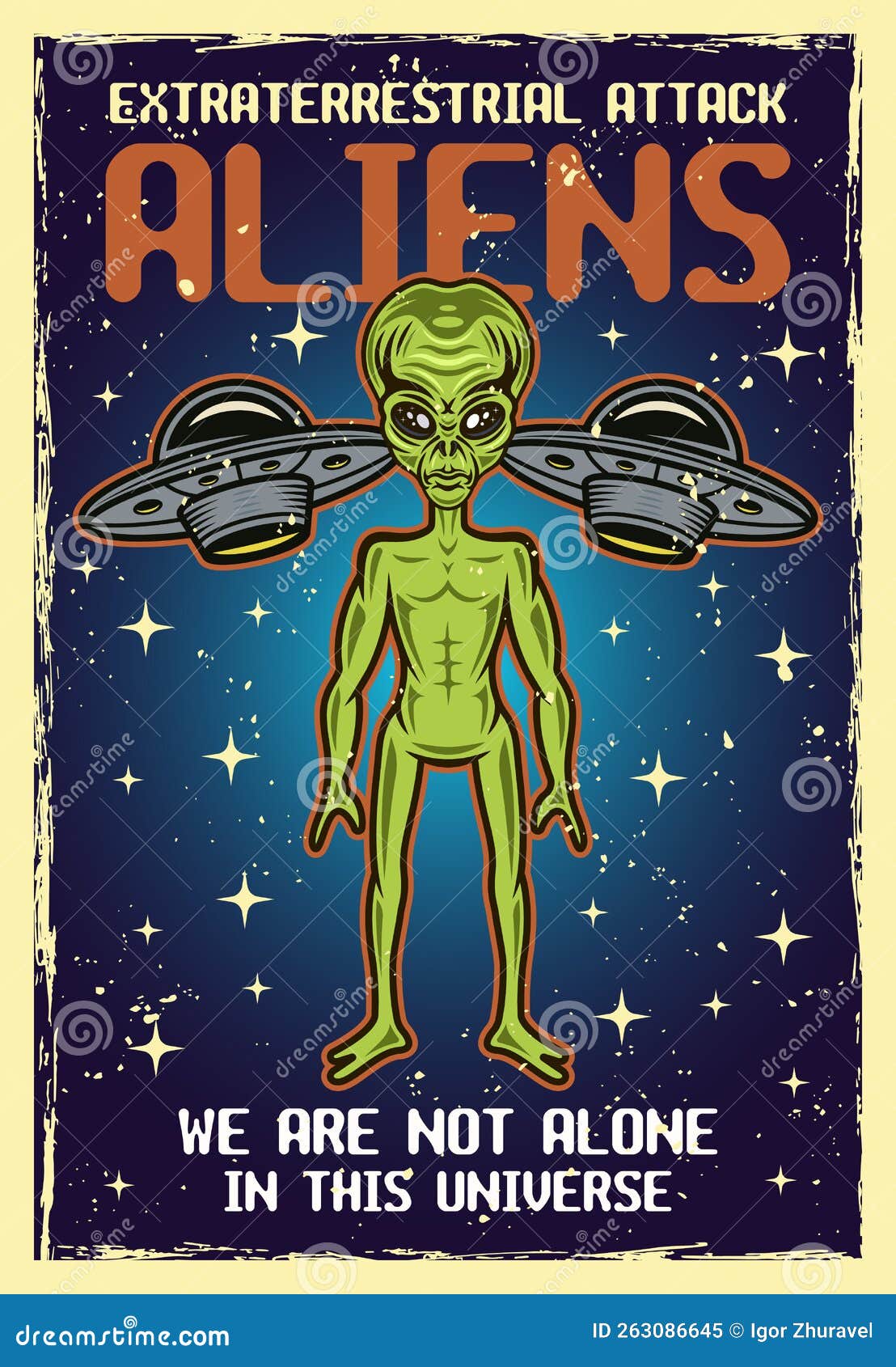 Alien Full Body and Ufo Colored Vector Cartoon Decorative Poster with ...