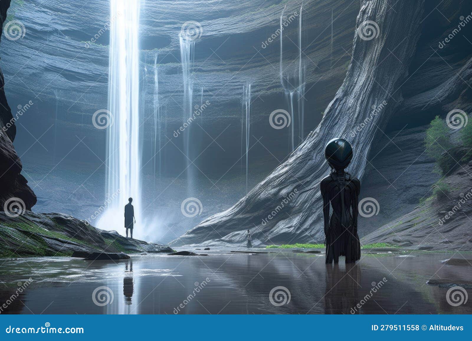 Alien, Gazing at Towering Waterfall, with Its Reflection Visible on the ...