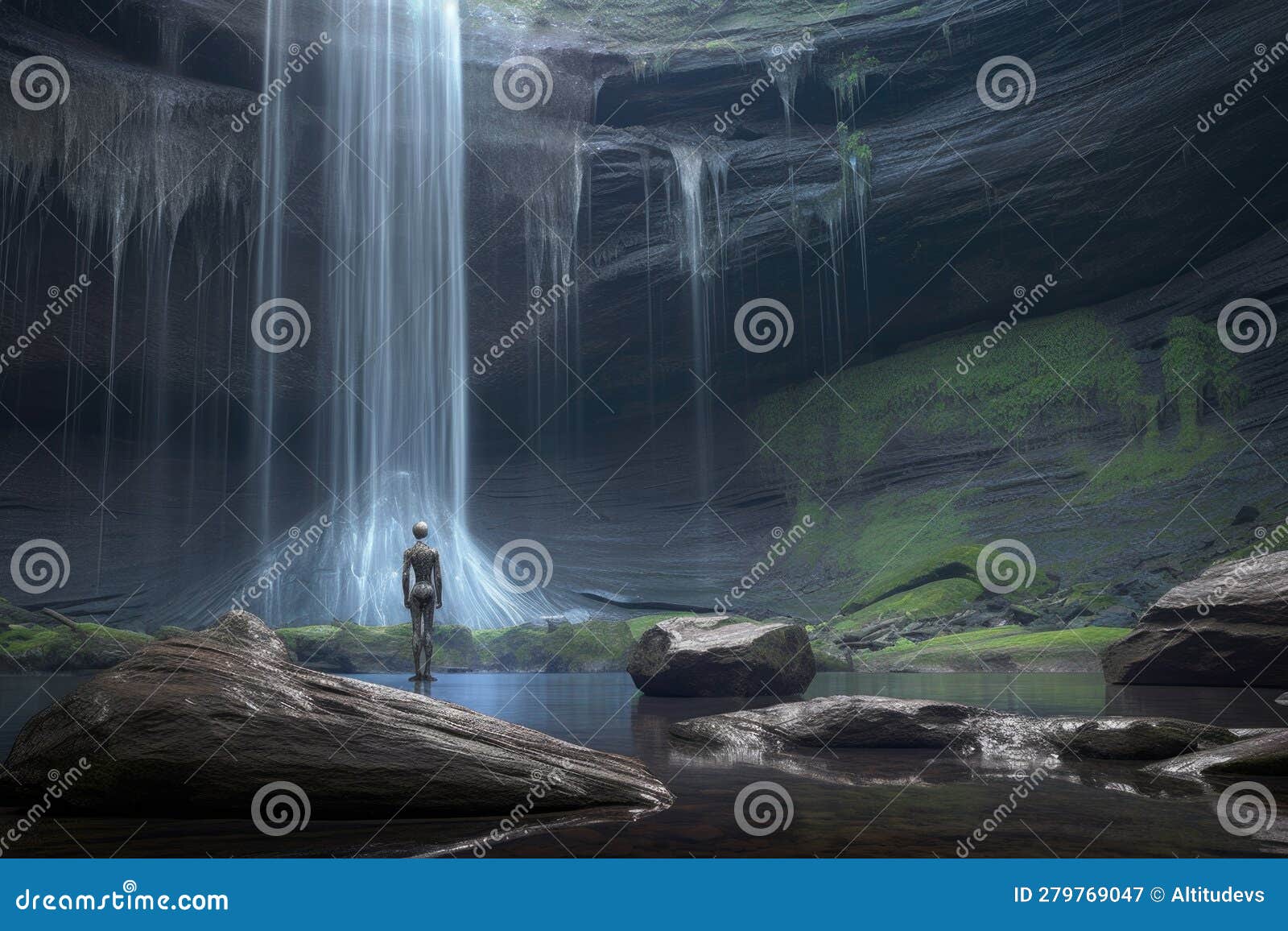 Alien, Gazing at Towering Waterfall, with Its Reflection Visible on the ...