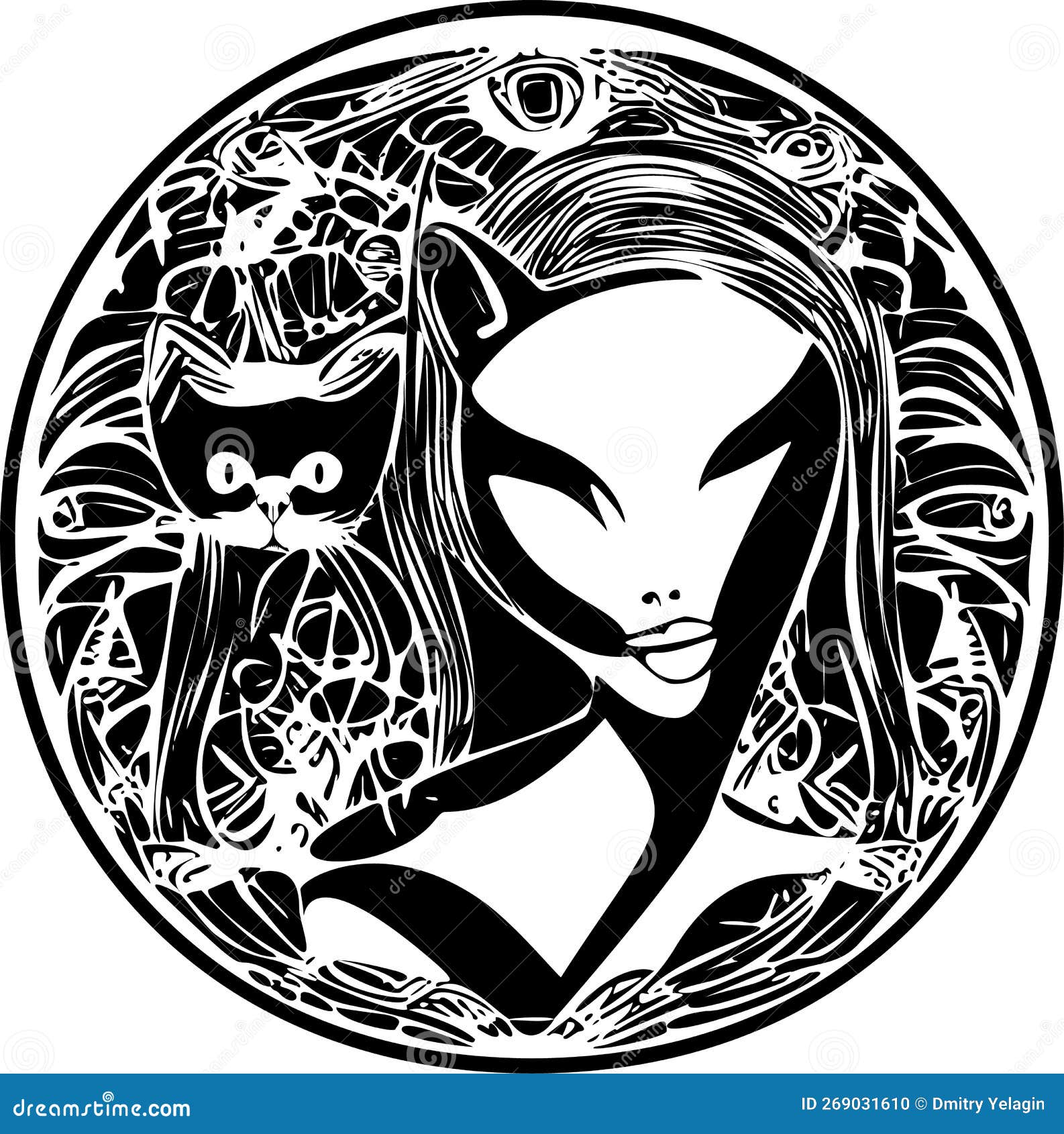 Alien Girl with an Alien Cat Stock Illustration - Illustration of black ...