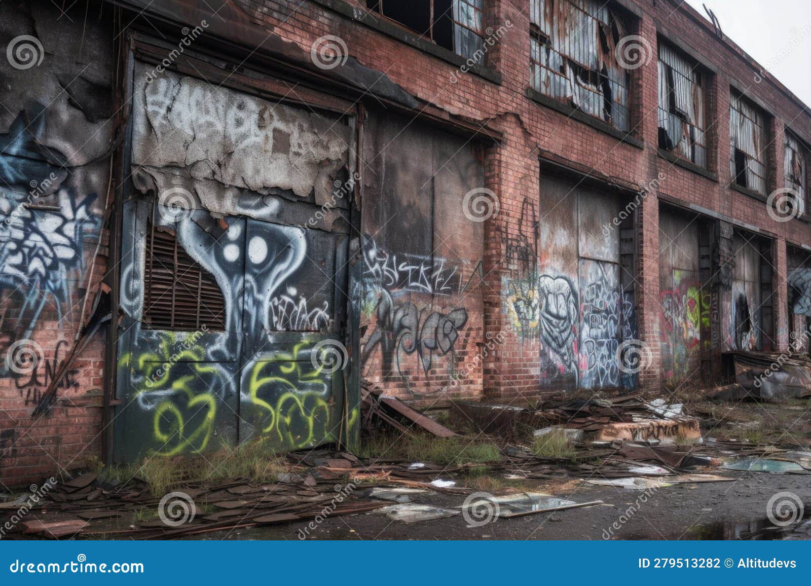 Alien Graffiti on Abandoned Warehouse Building, with Broken Windows and ...