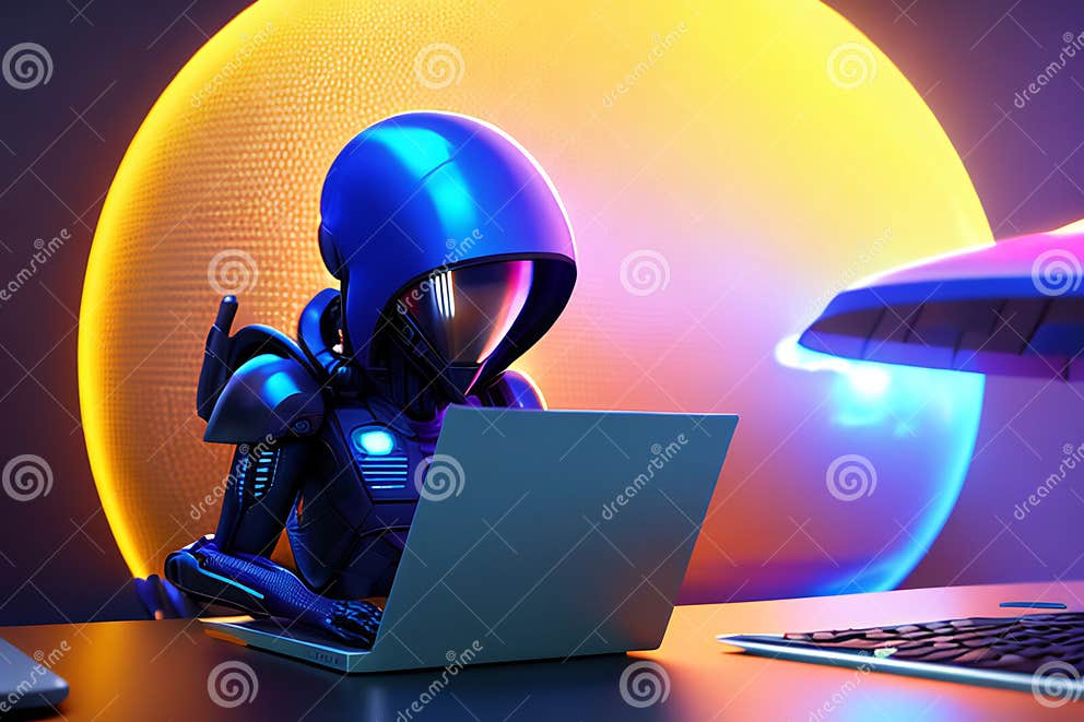 Alien Hacker with Laptop in a Mysterious Environment Stock Illustration ...